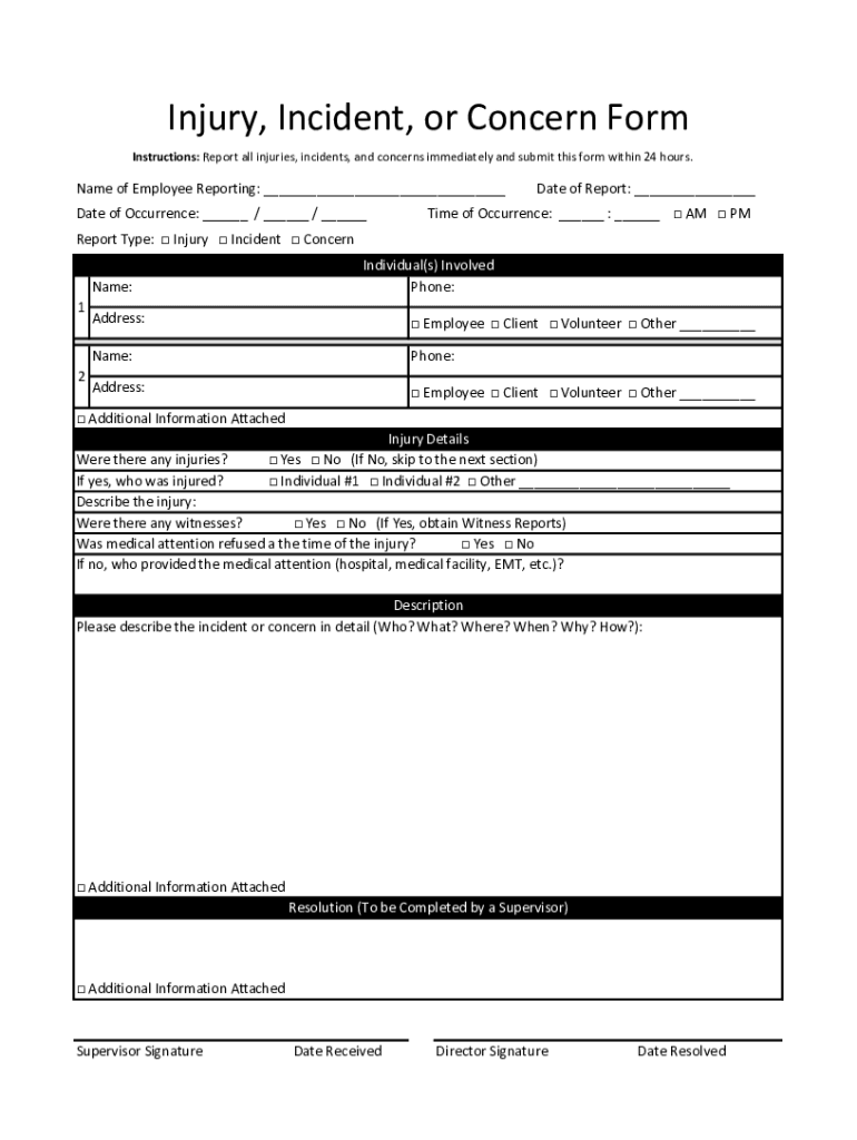 Fillable Online Injury, Incident, or Concern Form Fax Email Print - pdfFiller