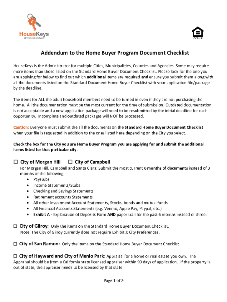 Fillable Online Addendum to the Home Buyer Program Document Checklist ...