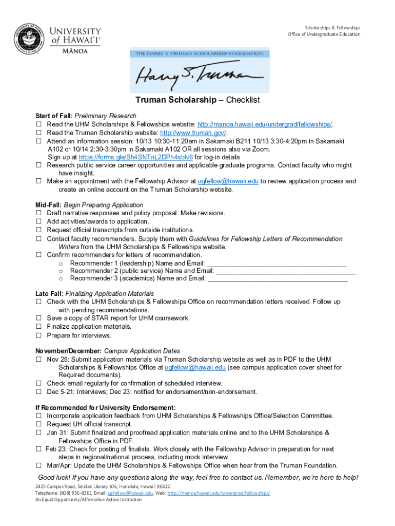 Fillable Online manoa hawaii 22F Truman - Checklist Fax Email Print - pdfFiller