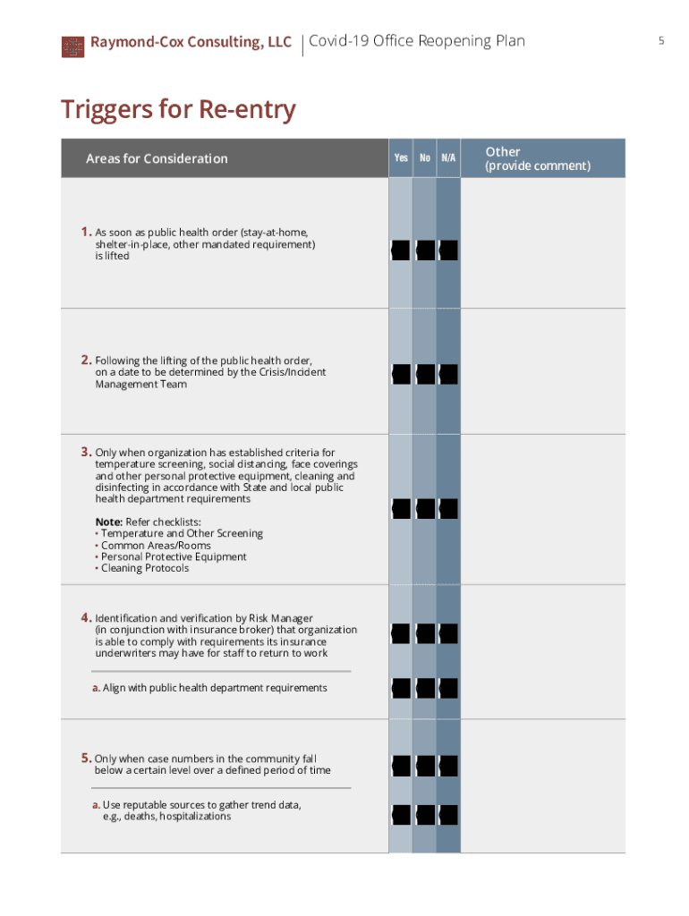Fillable Online A Checklist for Employers Planning to Reopen or Return ...