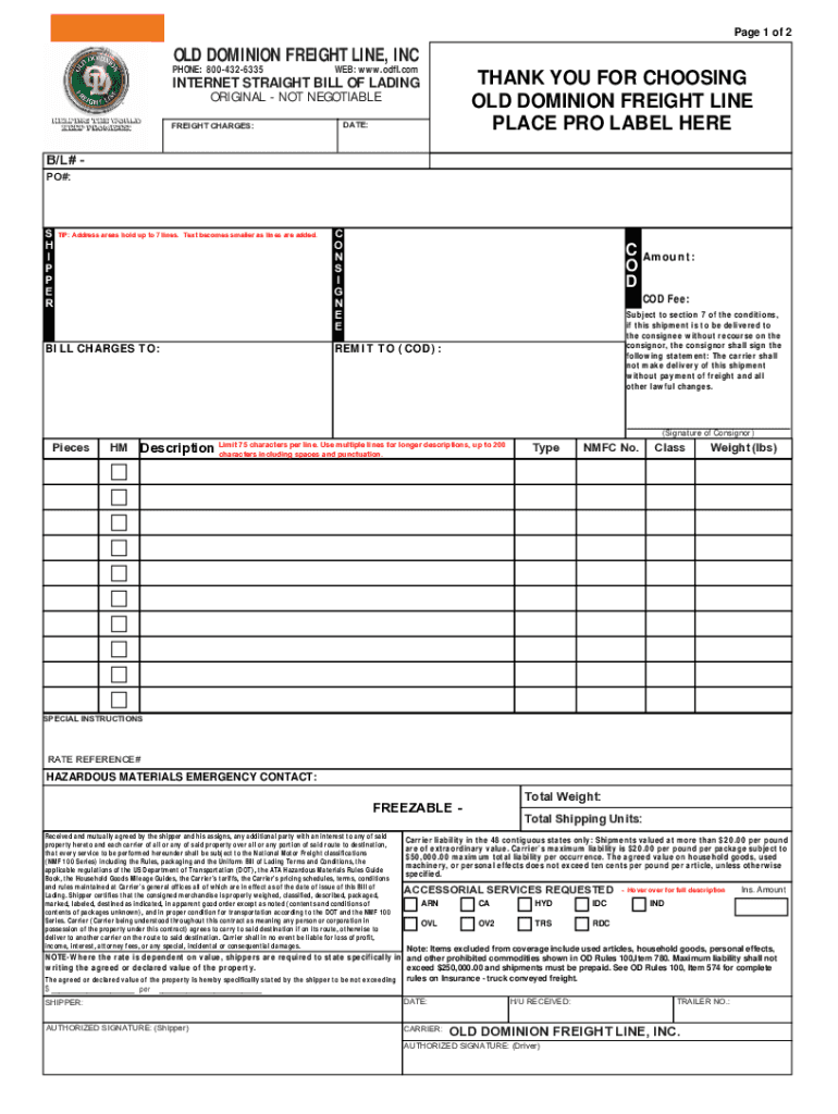 Fillable Online Old Dominion Pro. Order Template Fax Email Print ...