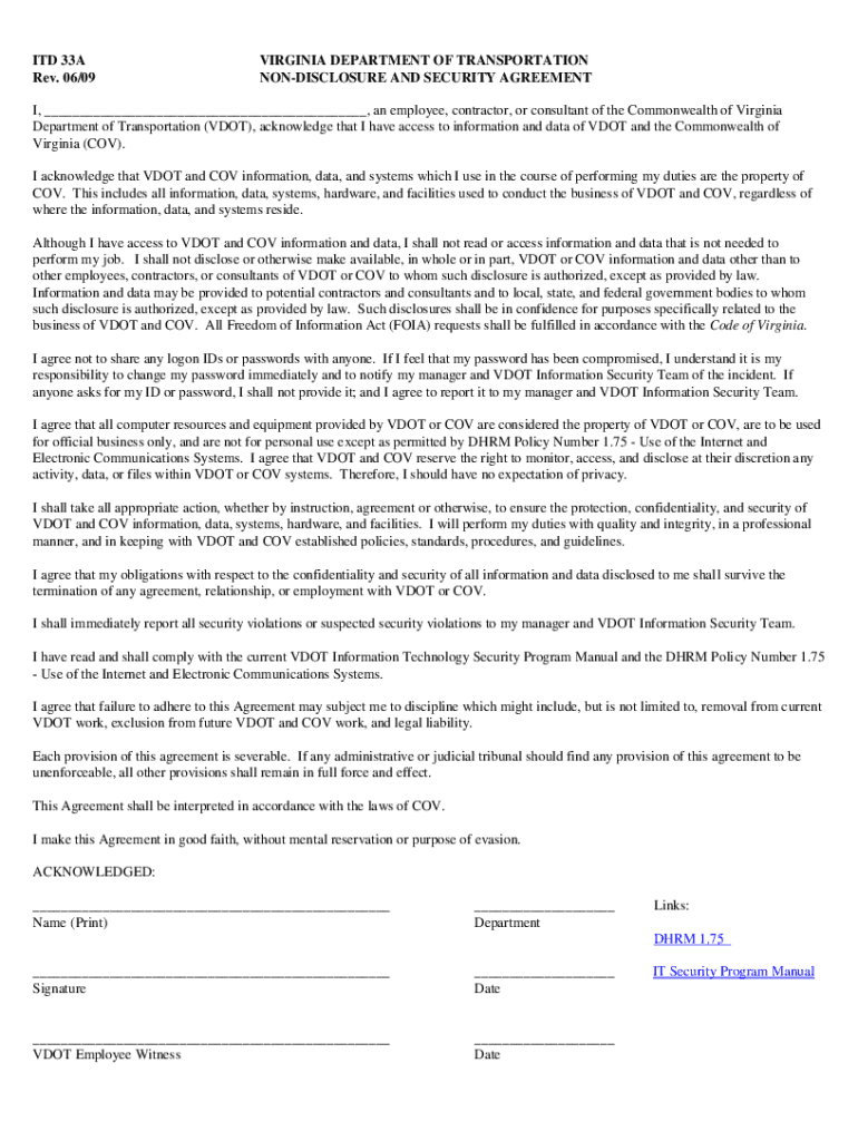 Fillable Online ITD-36E VDOT Information Security Agreement Fax Email ...