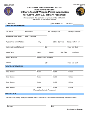Fillable Online oag ca Military Assault Weapon Permit Application for ...