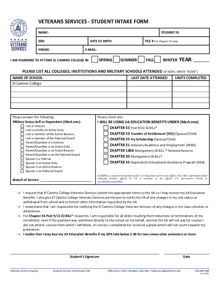 Fillable Online VETERANS SERVICES - STUDENT INTAKE FORM Fax Email Print ...