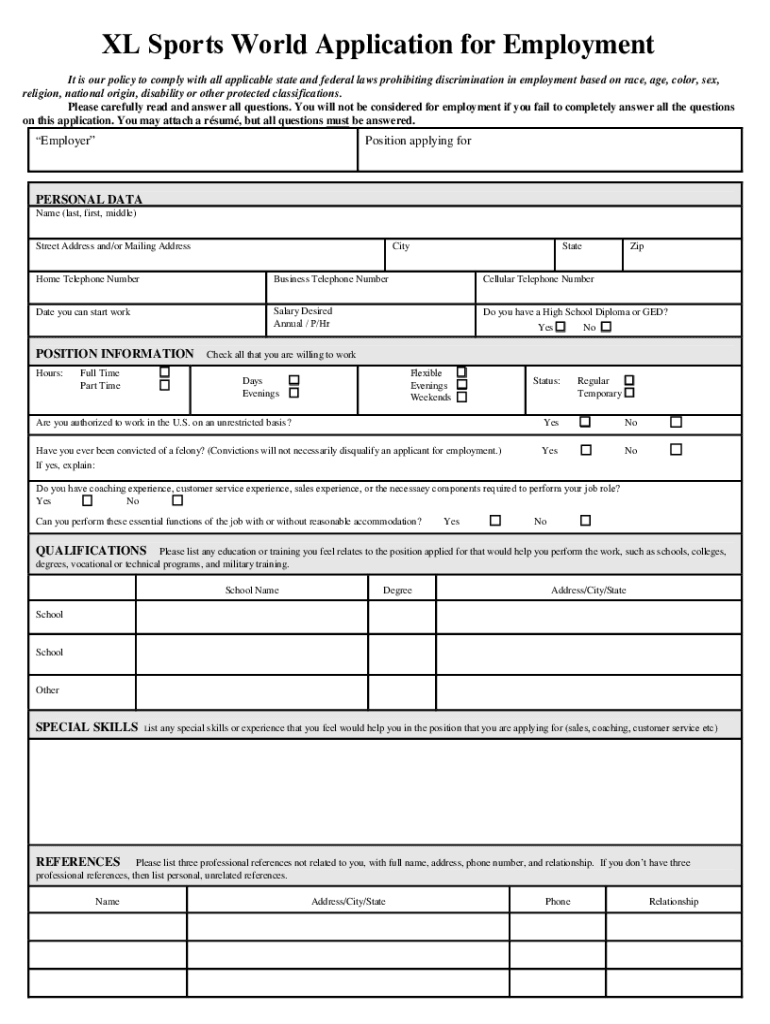 Fillable Online XL Sports World Application for Employment Fax Email ...