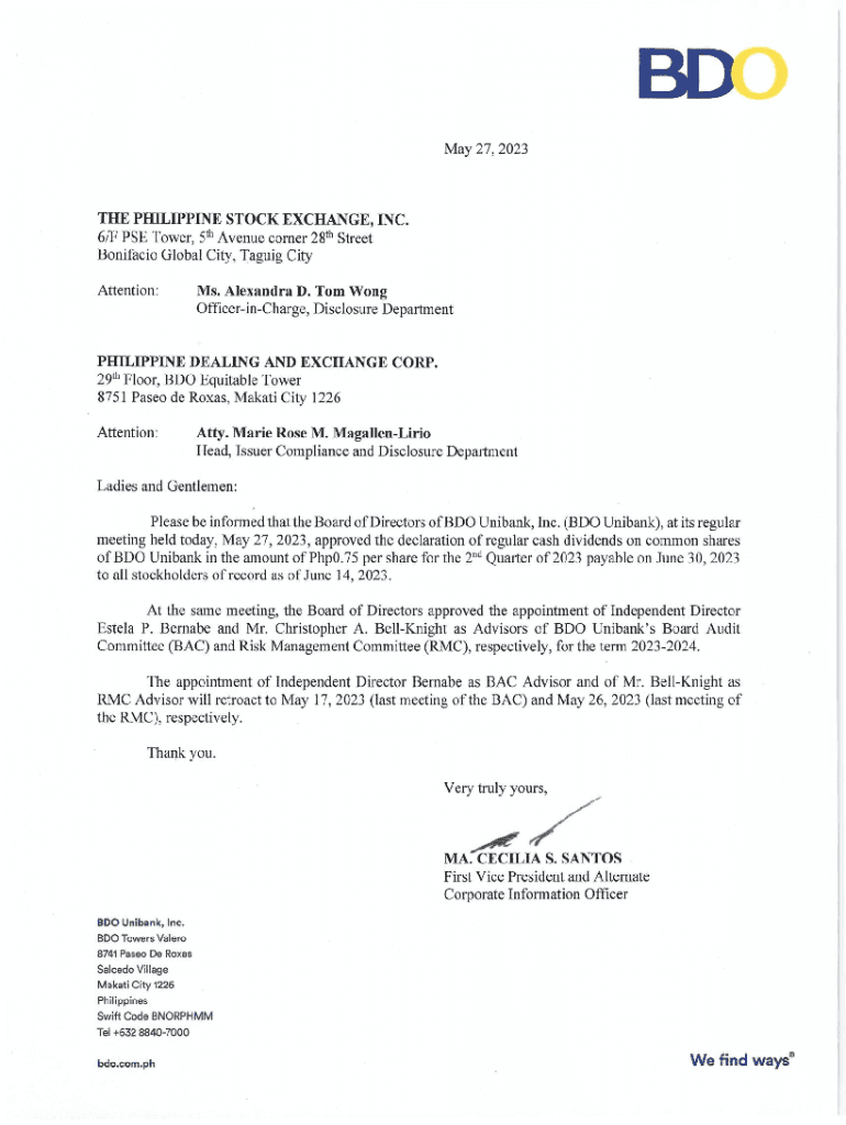 Fillable Online June 02, 2023 Philippine Stock Exchange, Inc. PSE Tower ...