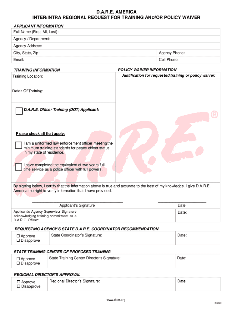 Fillable Online D.A.R.E. AMERICA INTER/INTRA REGIONAL REQUEST ... Fax ...