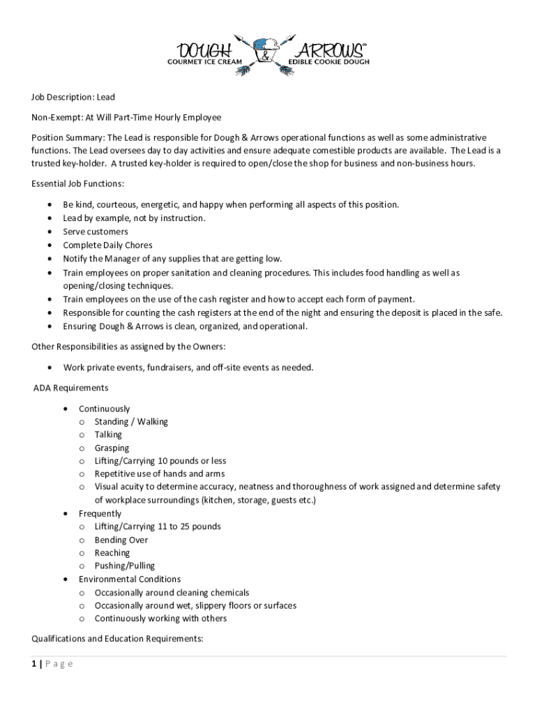 Fillable Online 1P a g e Job Description: Lead Non-Exempt: At Will Part ...
