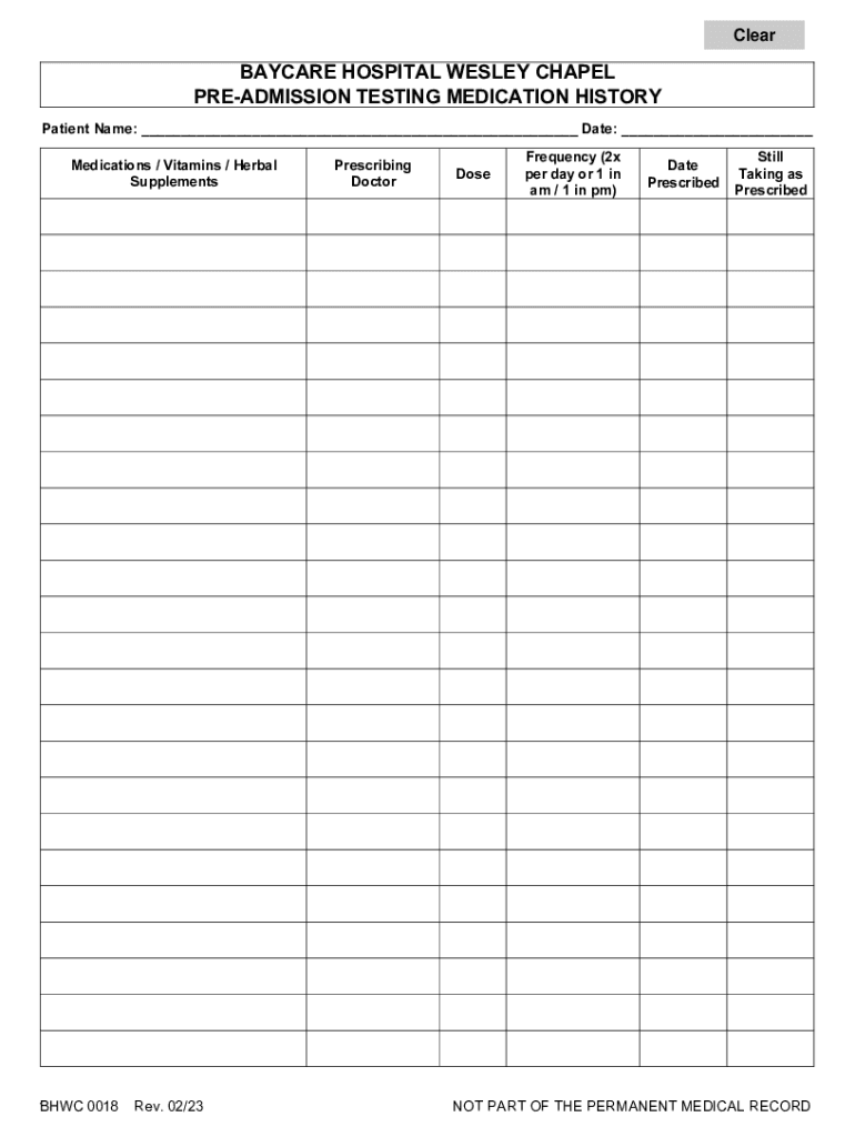 Fillable Online BHWC 0018 BayCare Hospital Wesley Chapel Pre-Admission ...