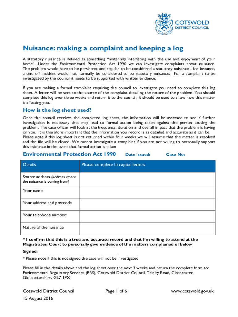 Fillable Online Nuisance: making a complaint and keeping a log Fax Email Print - pdfFiller