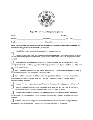 Fillable Online Request for Jury Service Postponement/Excuse Name Fax Email Print - pdfFiller