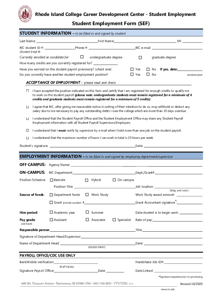 Fillable Online RIC Student Employment Form Fax Email Print - pdfFiller