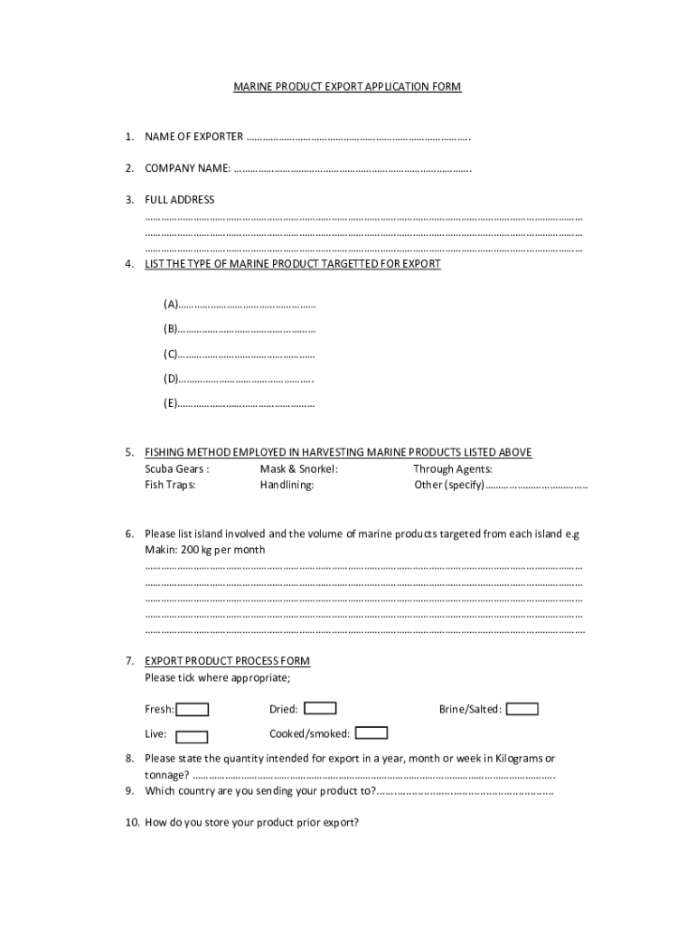 Fillable Online Marine Product Export Application Form - Kiribati Trade ...