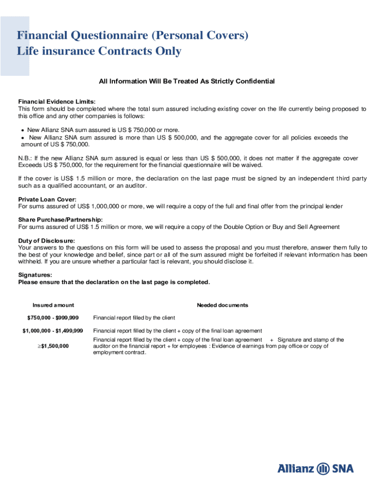 Fillable Online Financial Questionnaire (Personal Covers) Life ...