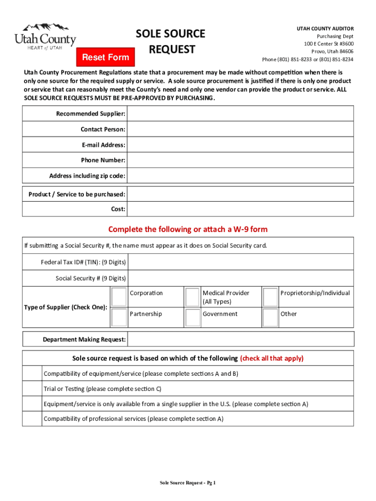 Fillable Online Utah County Sole Source Request Form. Utah County Sole Source Request Form Fax ...