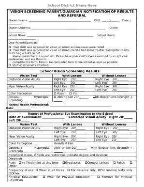 Vision Screening Parent/Guardian Notification Results and ... Doc Template | pdfFiller