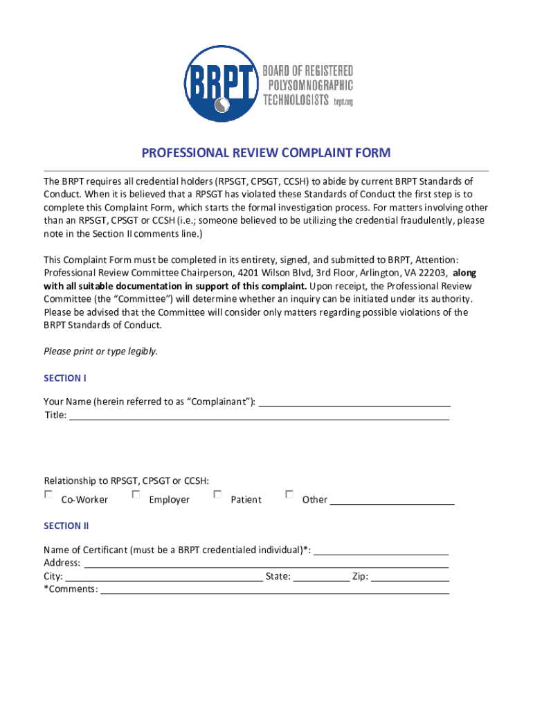 Fillable Online Professional Review Complaint Form Fax Email Print ...