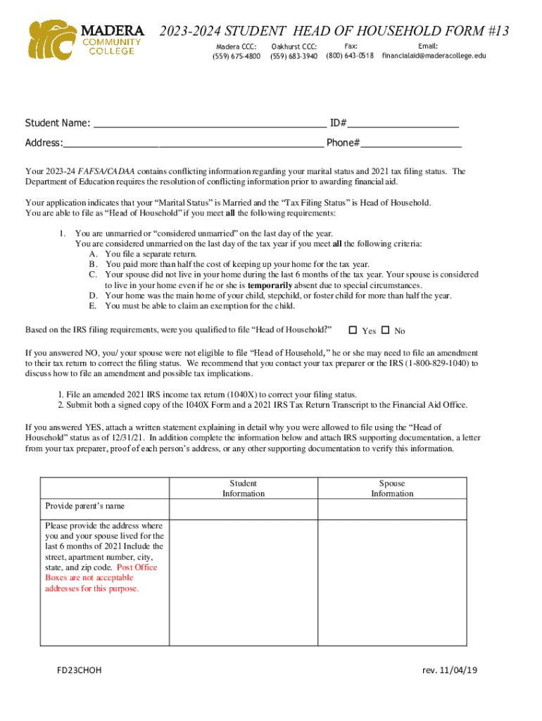 Fillable Online 2023-2024 Student and Spouse Head of Household Form Fax ...