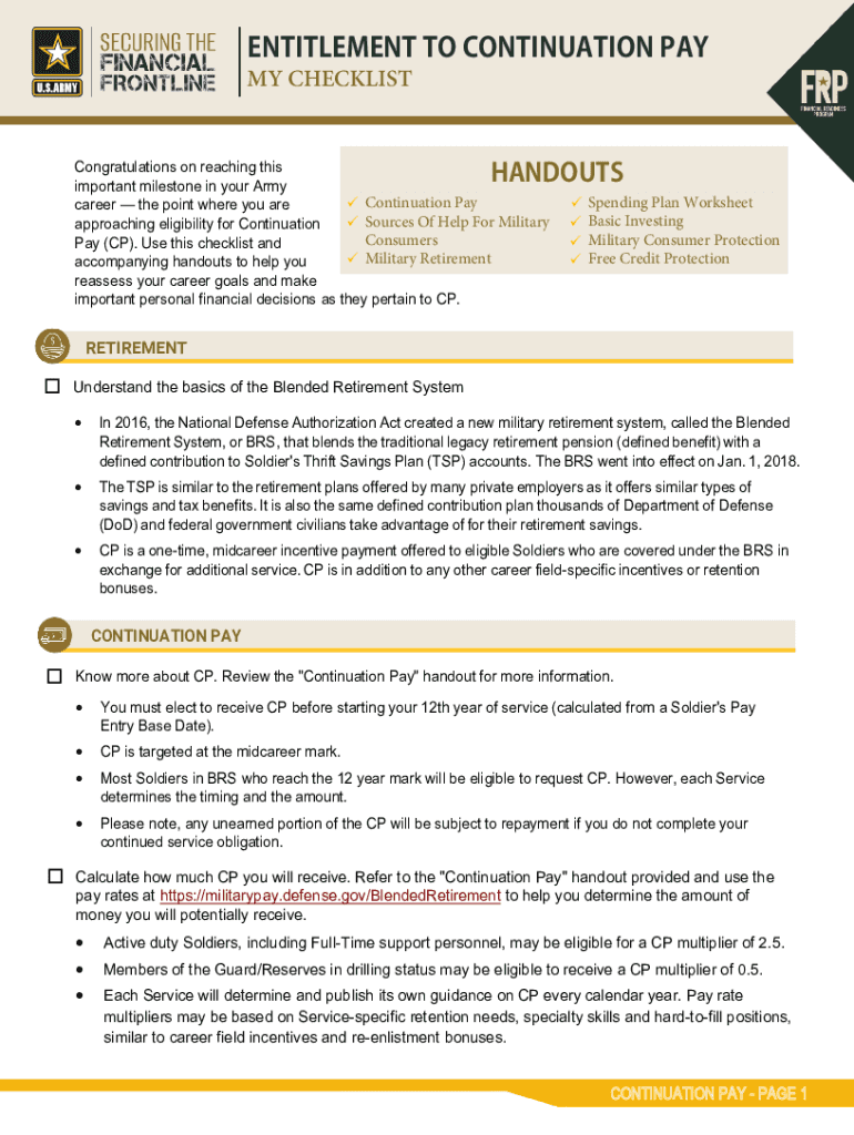 Fillable Online Continuation Pay For SoldiersThe Official Army Benefits ...