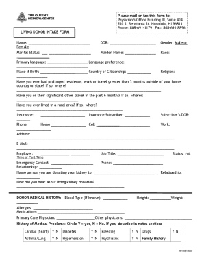 Fillable Online Living Donor Intake Sheet 9.9 Fax Email Print - pdfFiller