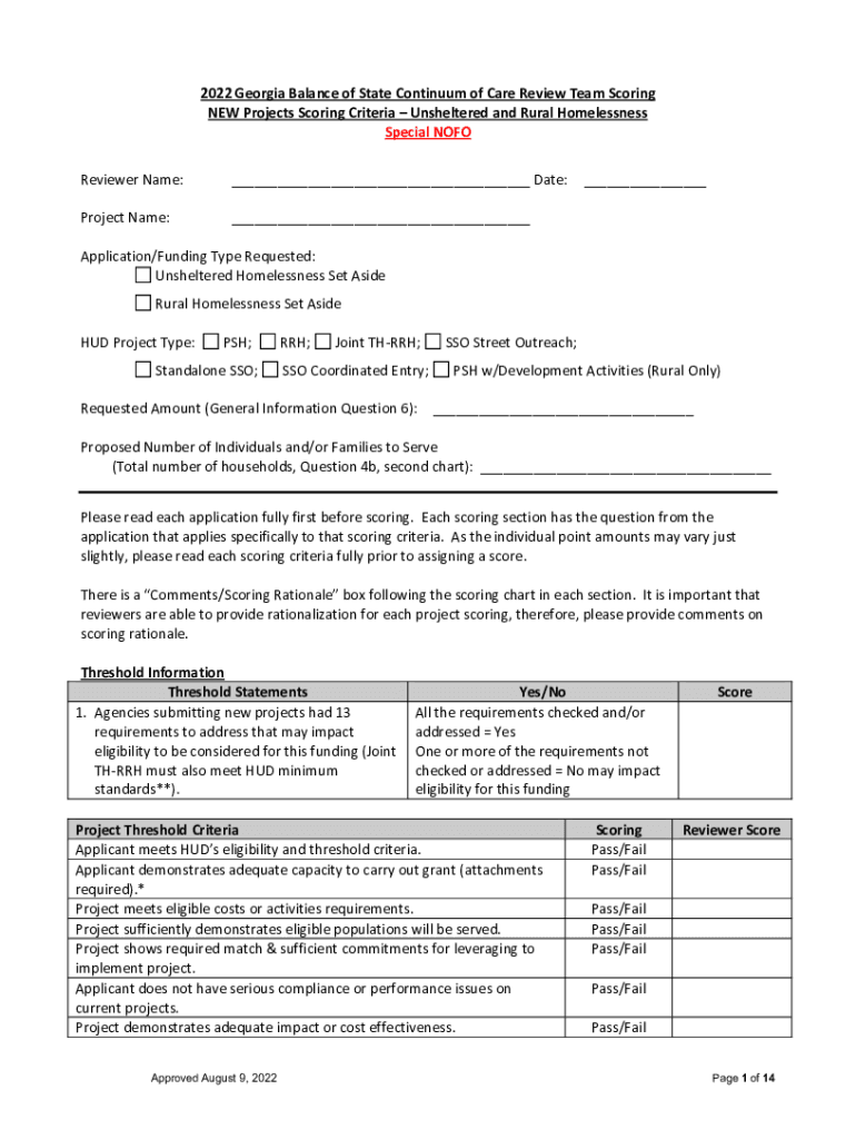 Fillable Online 2022 GA BoS CoC NEW Project Scoring Form - Unsheltered ...