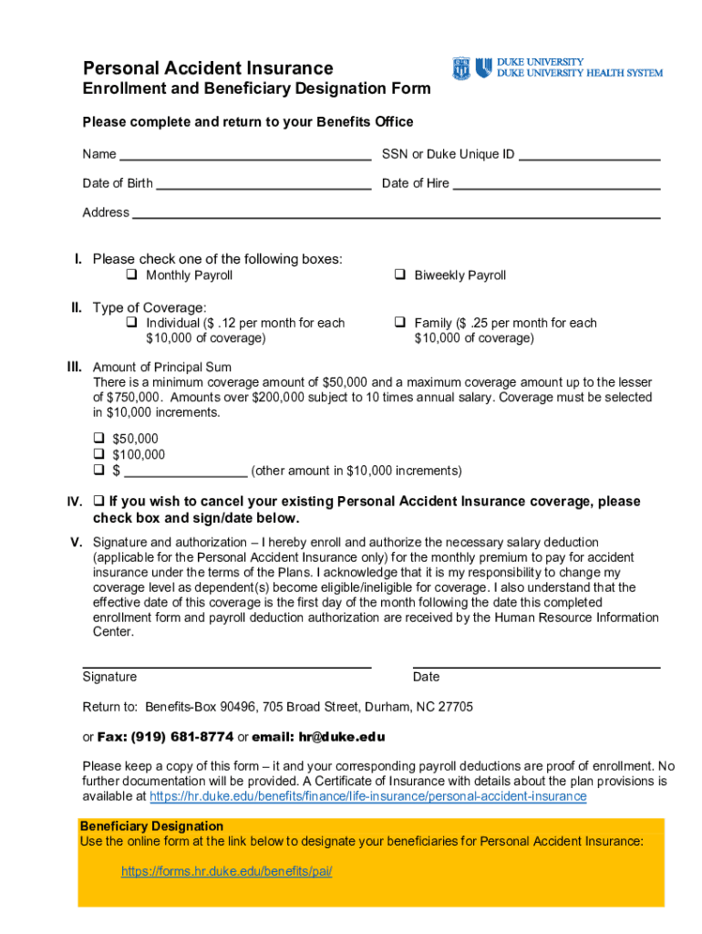 Fillable Online hr duke Personal Accident Insurance Enrollment and ...