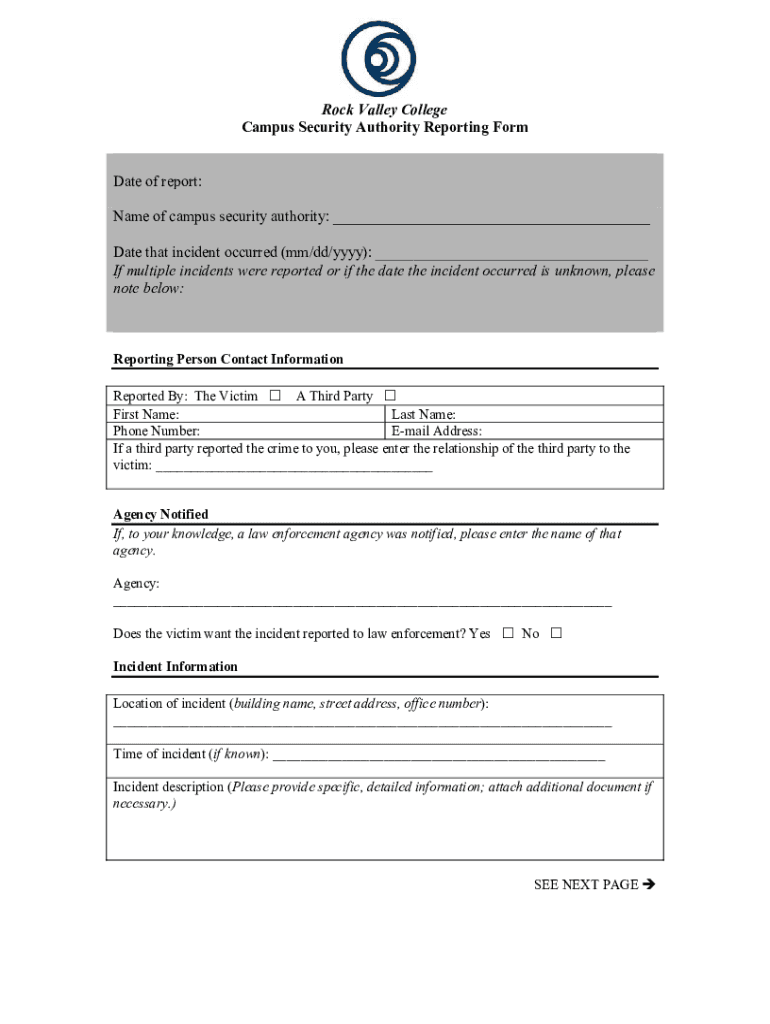 Fillable Online 1 Campus Security Authority (CSA) Reporting Form Date ...