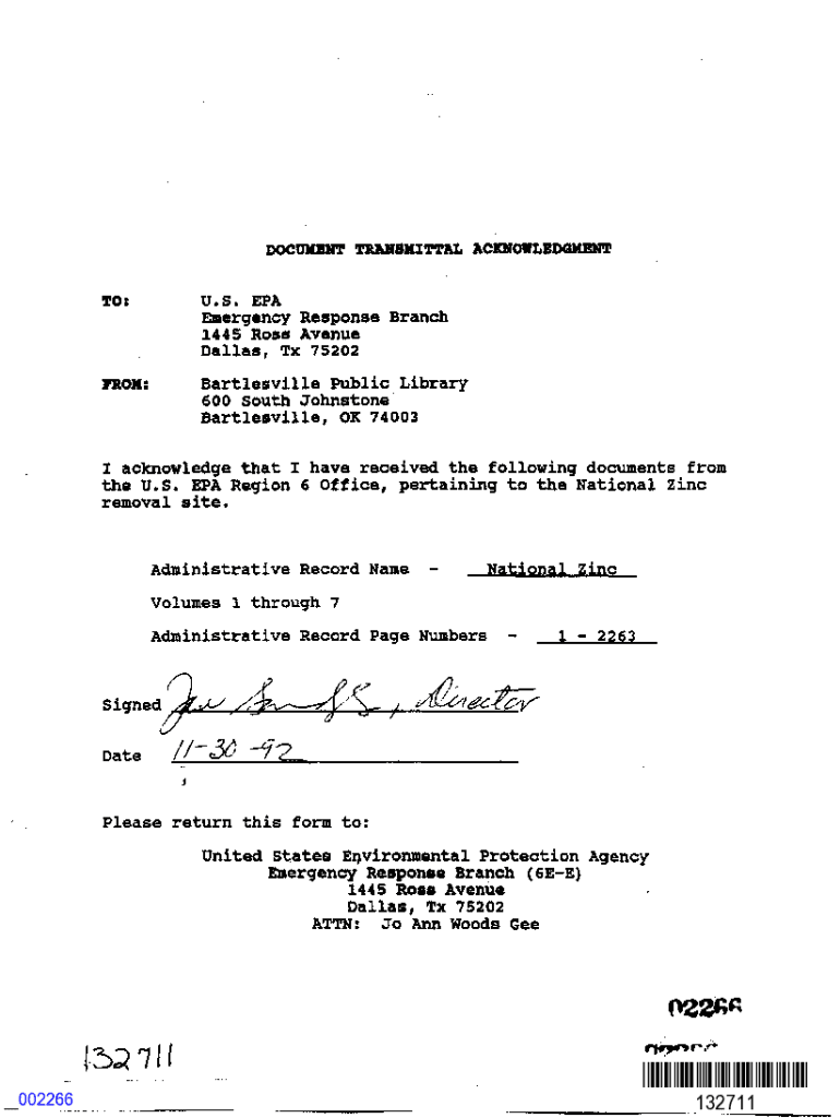 Fillable Online DOCUMENT TRANSMITTAL ACKNOWLEDGMENT FORM REGARDING ...