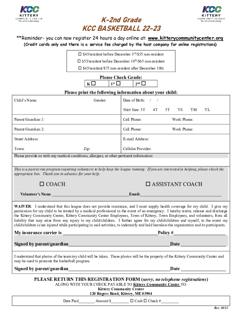 Fillable Online KCC Basketball 202223 Reg Form K2 Fax Email Print - pdfFiller