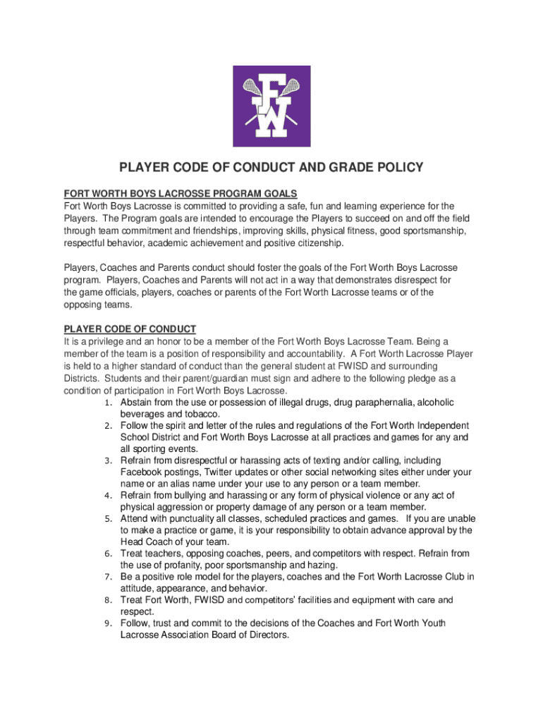 Fillable Online PLAYER CODE OF CONDUCT AND GRADE POLICY Fax Email Print ...