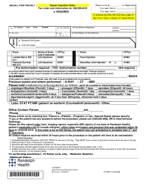 Fillable Online 10.5.17 SPINAL INJECTION ORDER Fax Email Print - pdfFiller