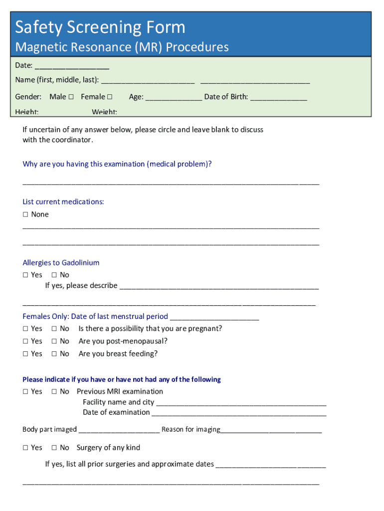 Fillable Online DA 4700 - New MRI Safety Questionnaire Form Fax Email ...