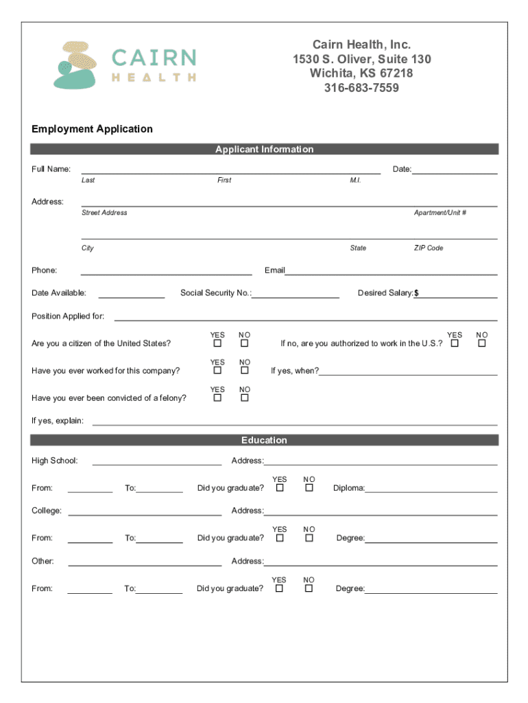 Fillable Online Cairn Health Employment Application.docx Fax Email ...