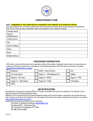 Fillable Online VENDOR REQUEST FORM PURCHASING COOPERATIVES ... Fax ...