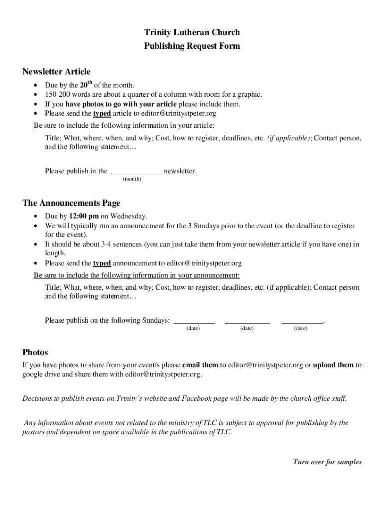 Fillable Online Trinity Lutheran Church Publishing Request Form Newsletter ... Fax Email Print ...