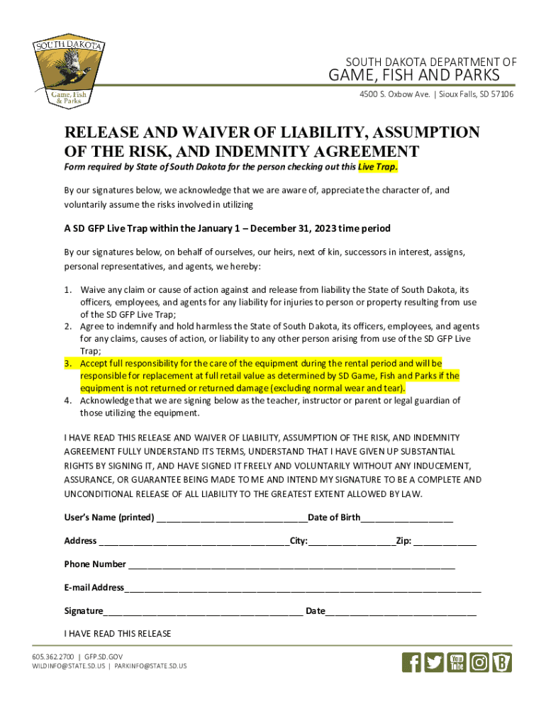 Fillable Online gfp sd release and waiver of liability, assumption of ...