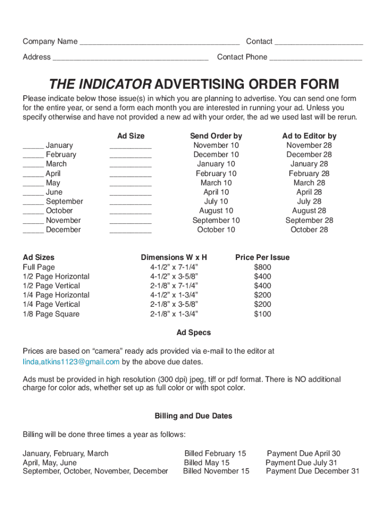 Fillable Online THE INDICATOR ADVERTISING ORDER FORM Fax Email Print ...