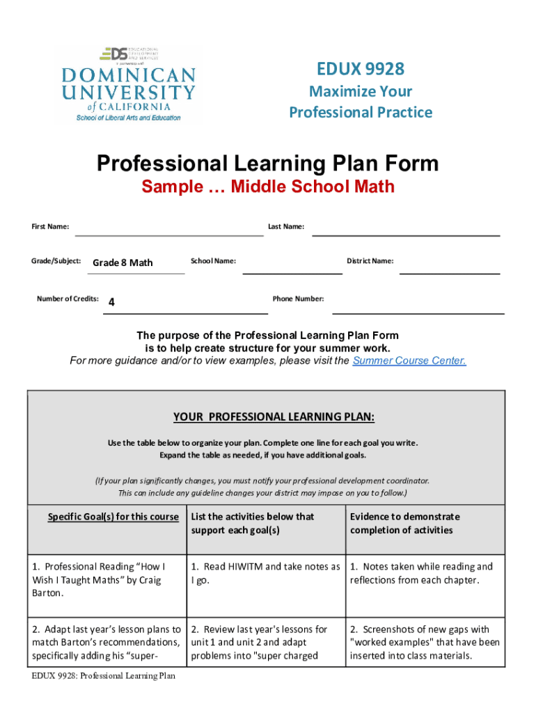 Fillable Online Professional Learning Plan Form Fax Email Print - pdfFiller