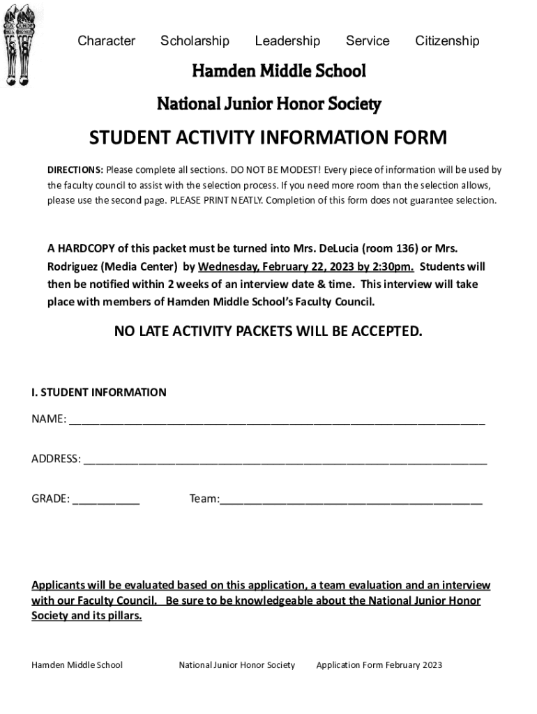 Fillable Online National Junior Honor Society Application Name: Grade Fax Email Print - pdfFiller