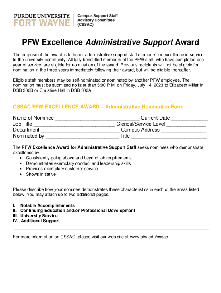 Fillable Online PFW Pride Plus Administrative Support Award Fax Email ...