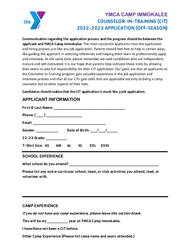 Fillable Online YMCA CAMP WATIA Counselor-In-Training Program Fax Email Print - pdfFiller