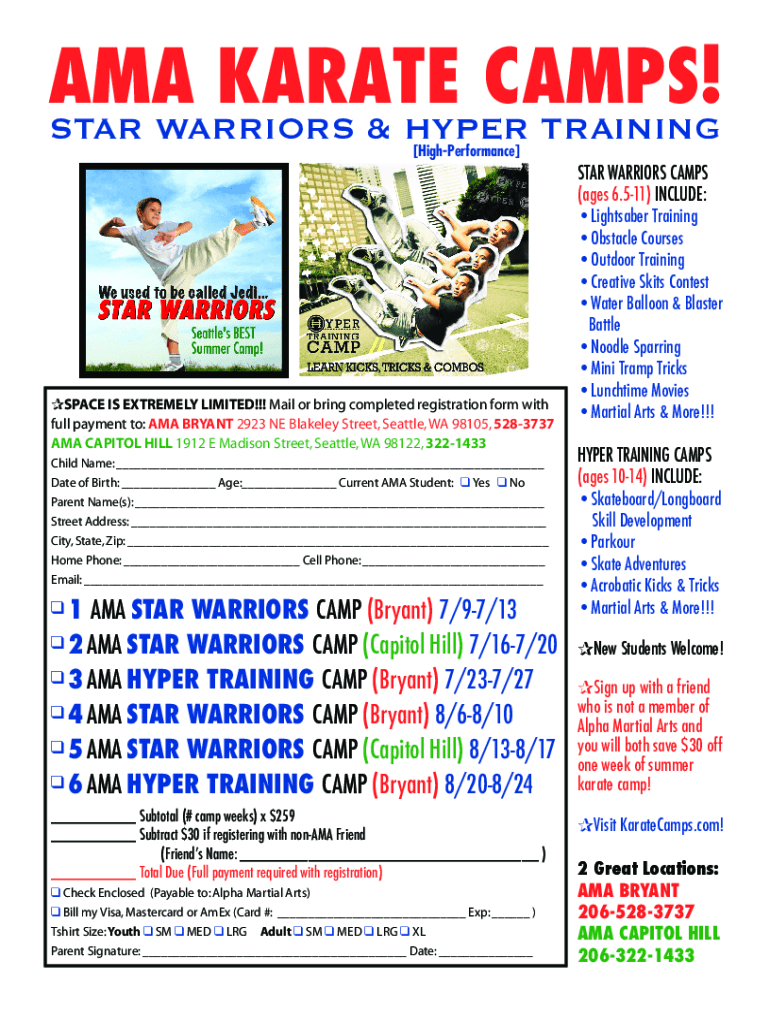 Fillable Online ama karate camps! - star warriors & hyper training Fax ...