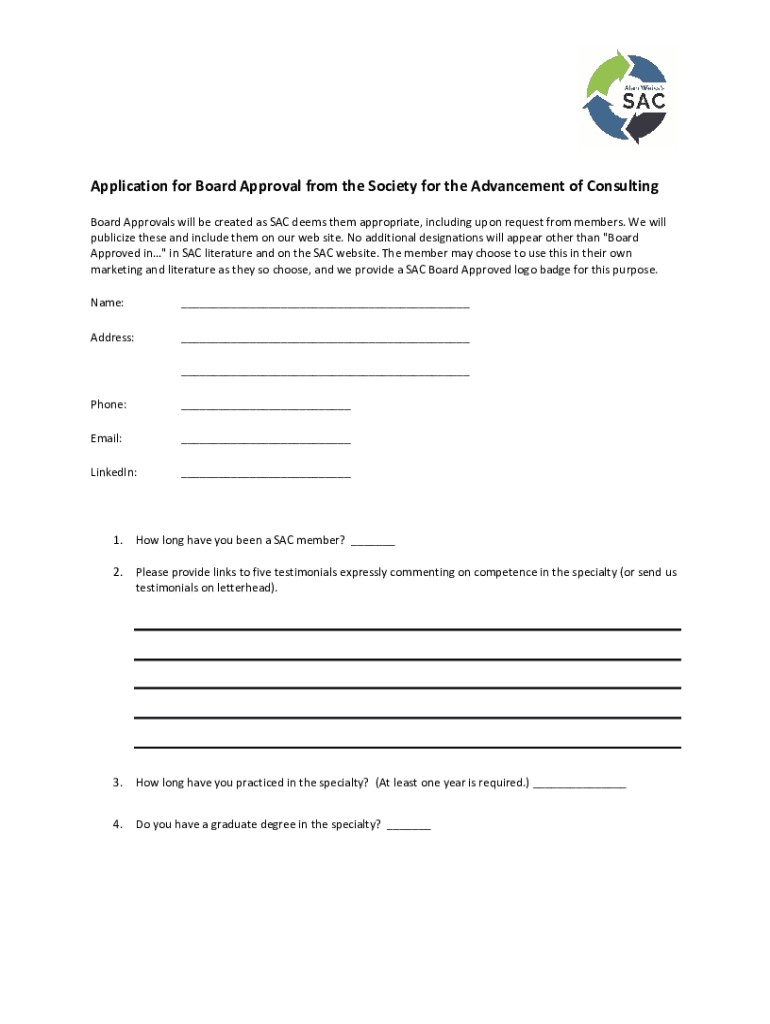 Fillable Online Application for Board Approval from the ... Fax Email ...