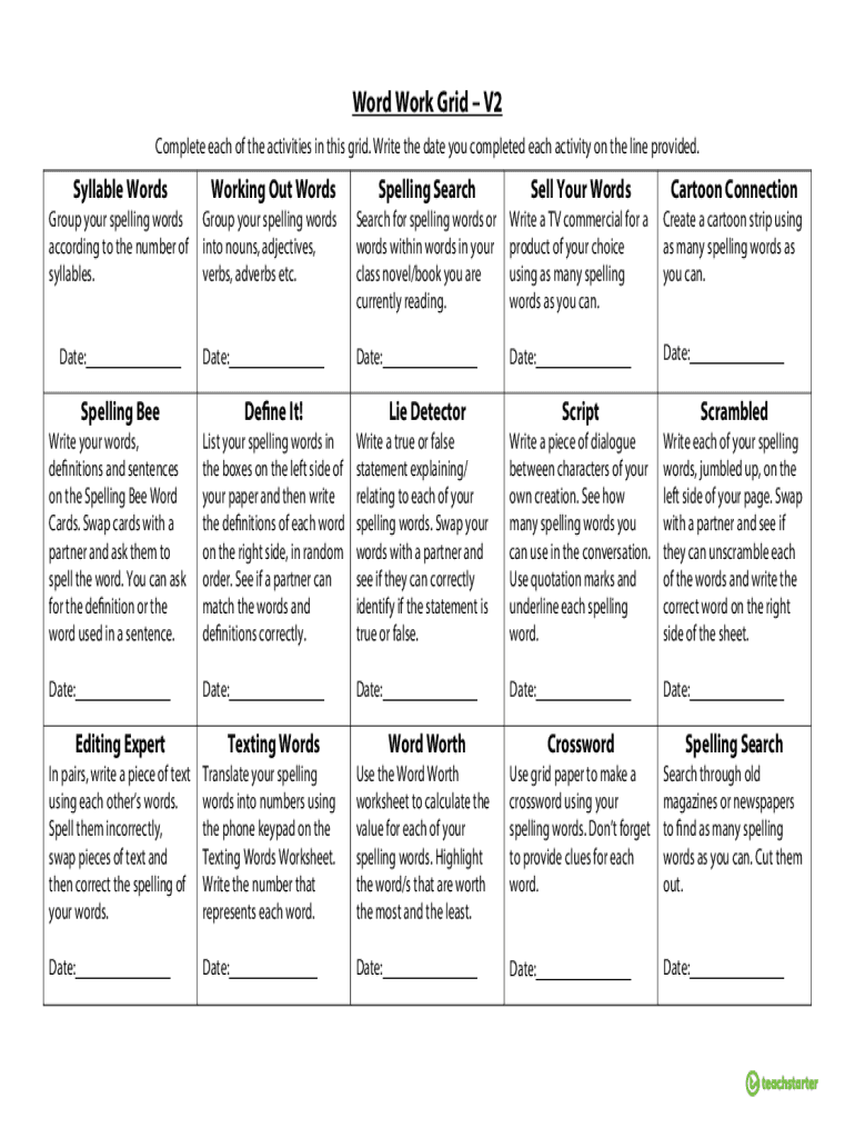 Fillable Online Word Work Grid and Worksheets - Version 2 Fax Email ...