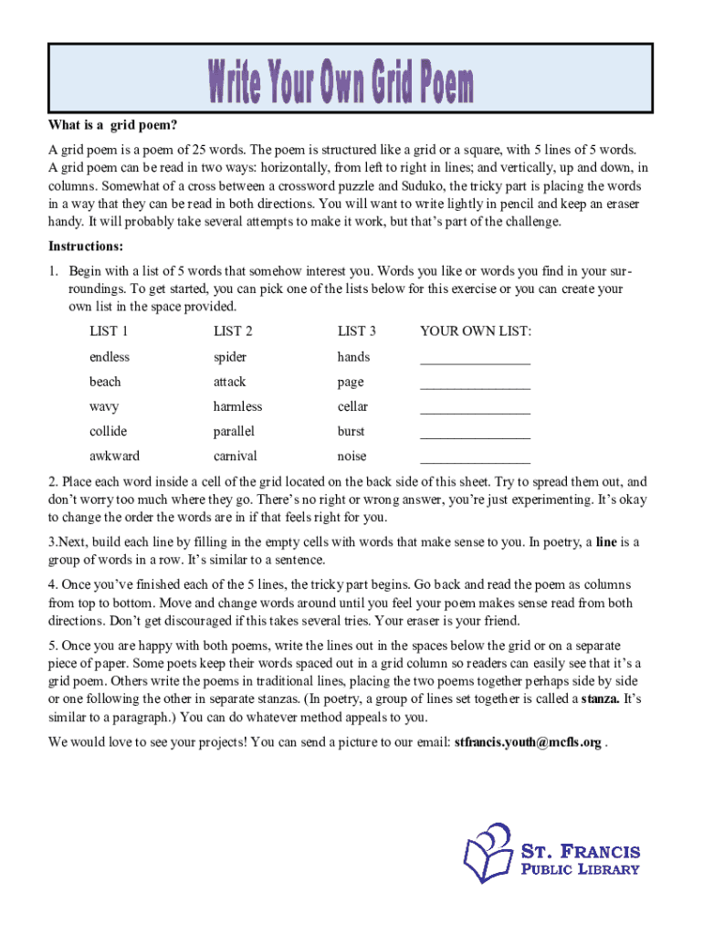 Fillable Online What is a grid poem? - St. Francis Public Library Fax ...