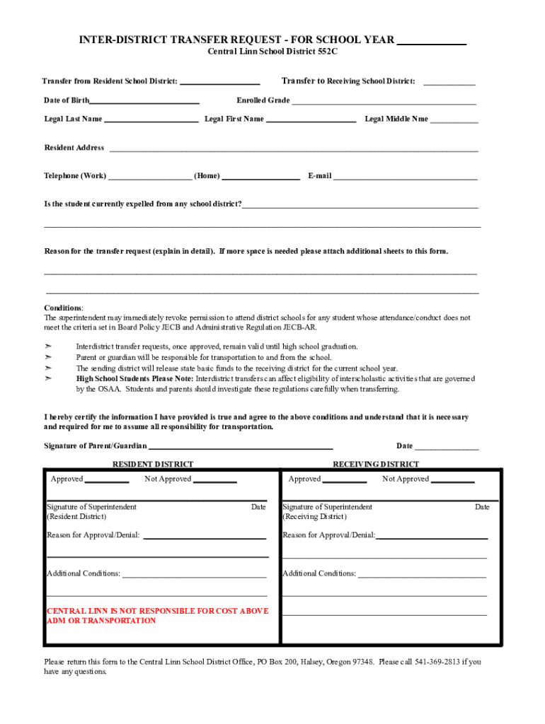 Fillable Online inter-district transfer request - for school year Fax ...