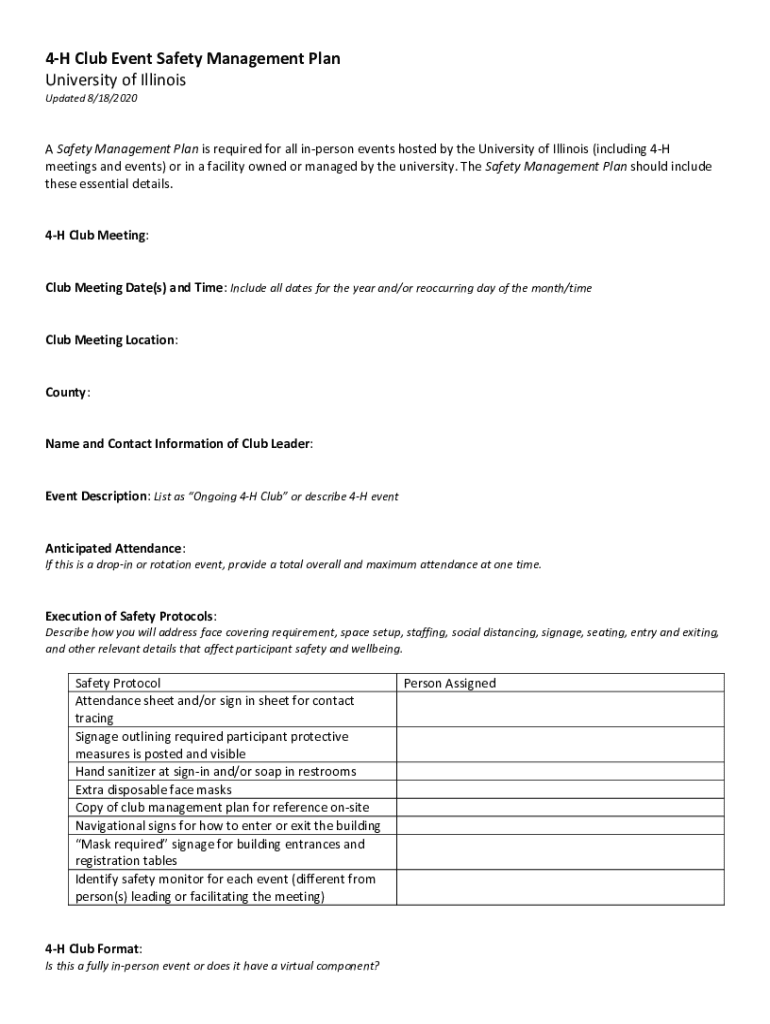 Fillable Online extension illinois 4-H Club Event Safety Management ...
