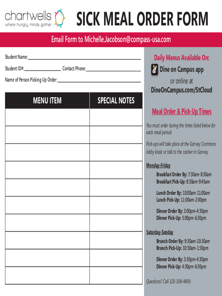 Fillable Online SICK MEAL ORDER FORM Fax Email Print - pdfFiller