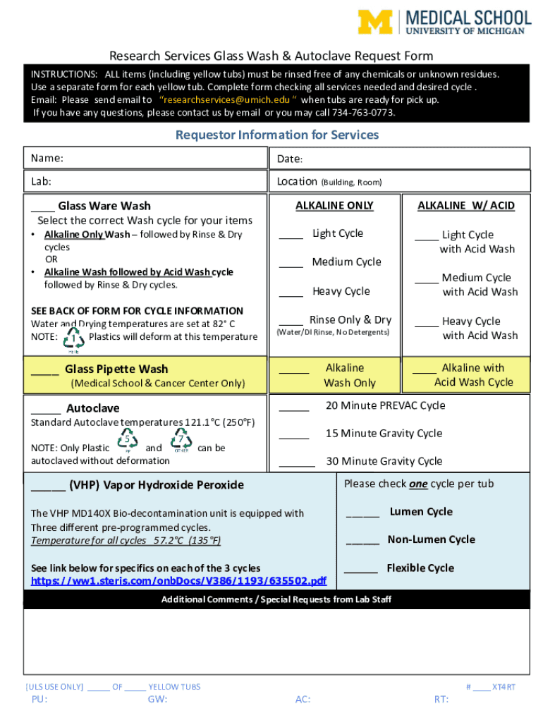 Fillable Online ncrc umich Research Services Glass Wash & Autoclave ...