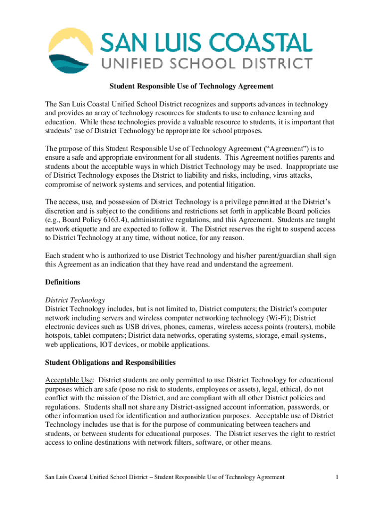Fillable Online Student Responsible Use of Technology Agreement Fax ...
